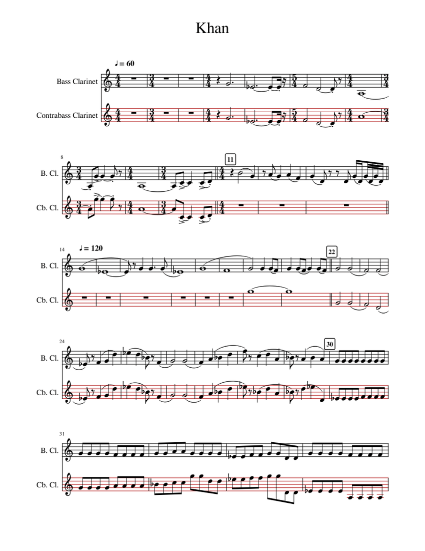Khan Sheet music for Clarinet (Bass), Clarinet (Contrabass) (Woodwind ...