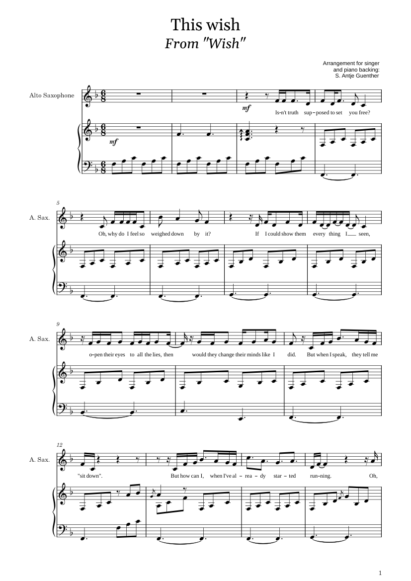 This wish - FROM "WISH" - for singer and piano backing! Sheet Music for ...