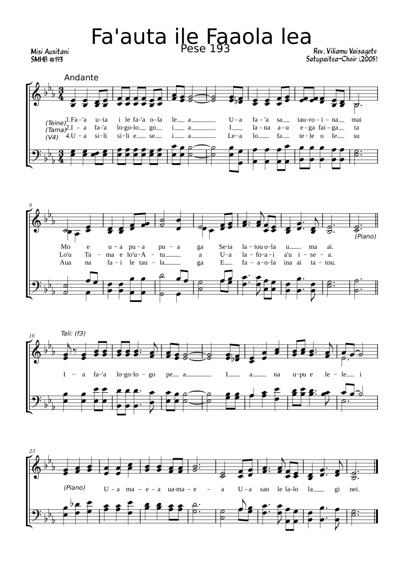 Pese 193 Metotisi Samoa Sheet music for Piano (Solo) Easy | Musescore.com