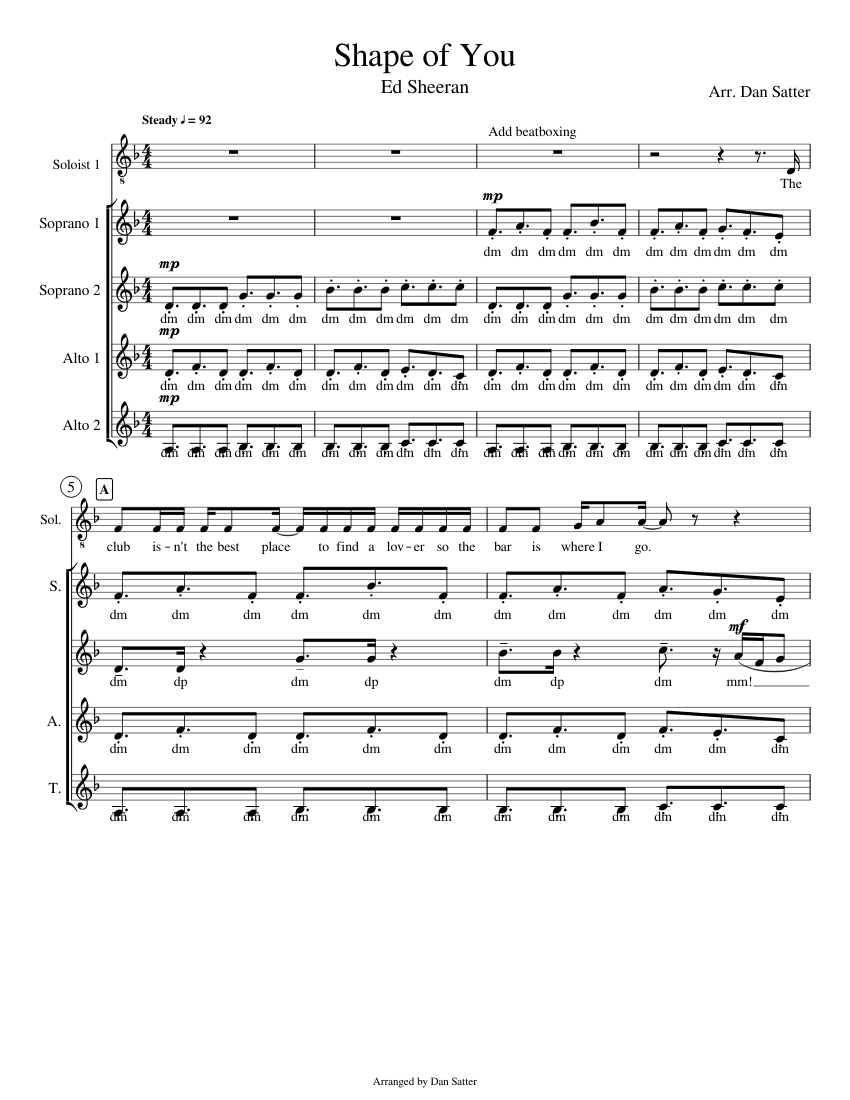 Shape Of You Ed Sheeran A Cappella Sheet Music for Soprano, Alto, Tenor ...