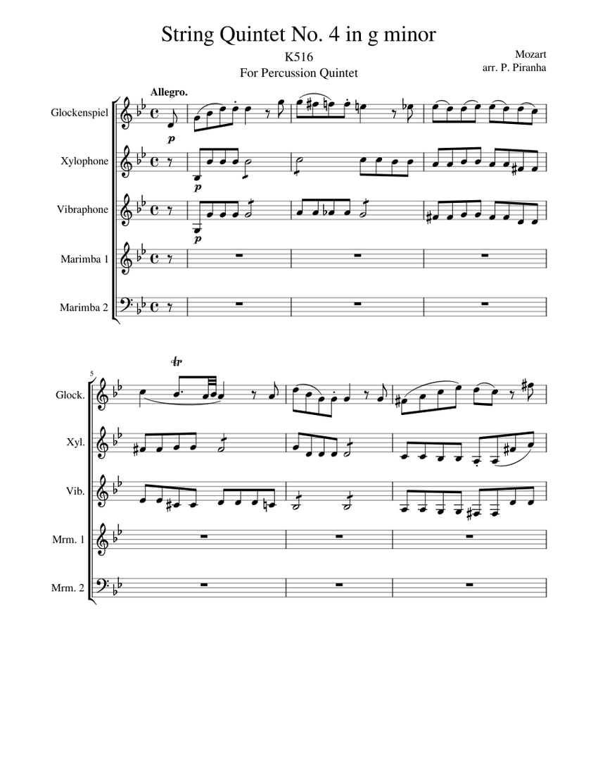 Mozart - String Quintet No. 4 in G minor, K. 516 - Percussion Quintet Sheet music for Vibraphone ...