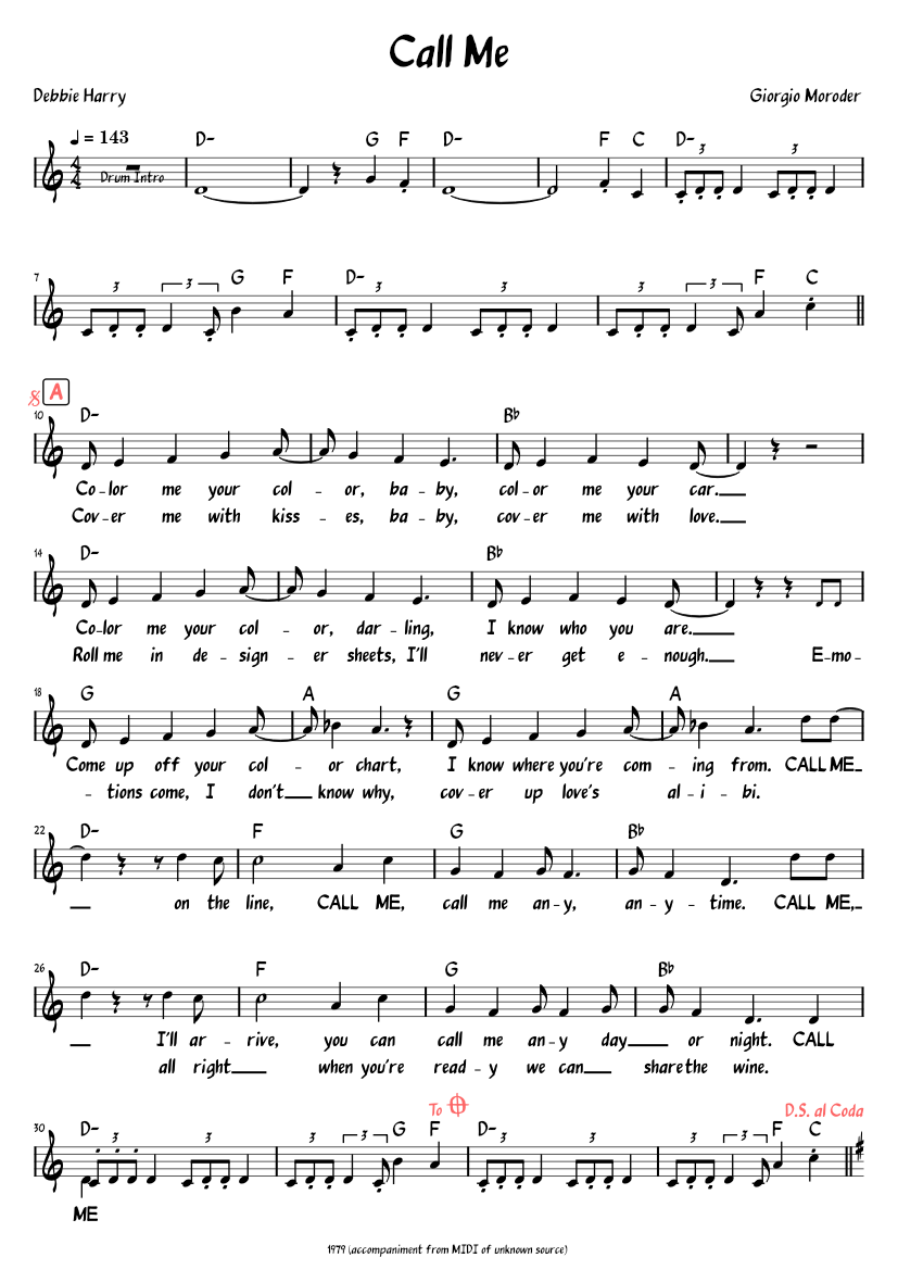 Call Me (Blondie) (Lead sheet with lyrics and accompaniment Sheet music ...
