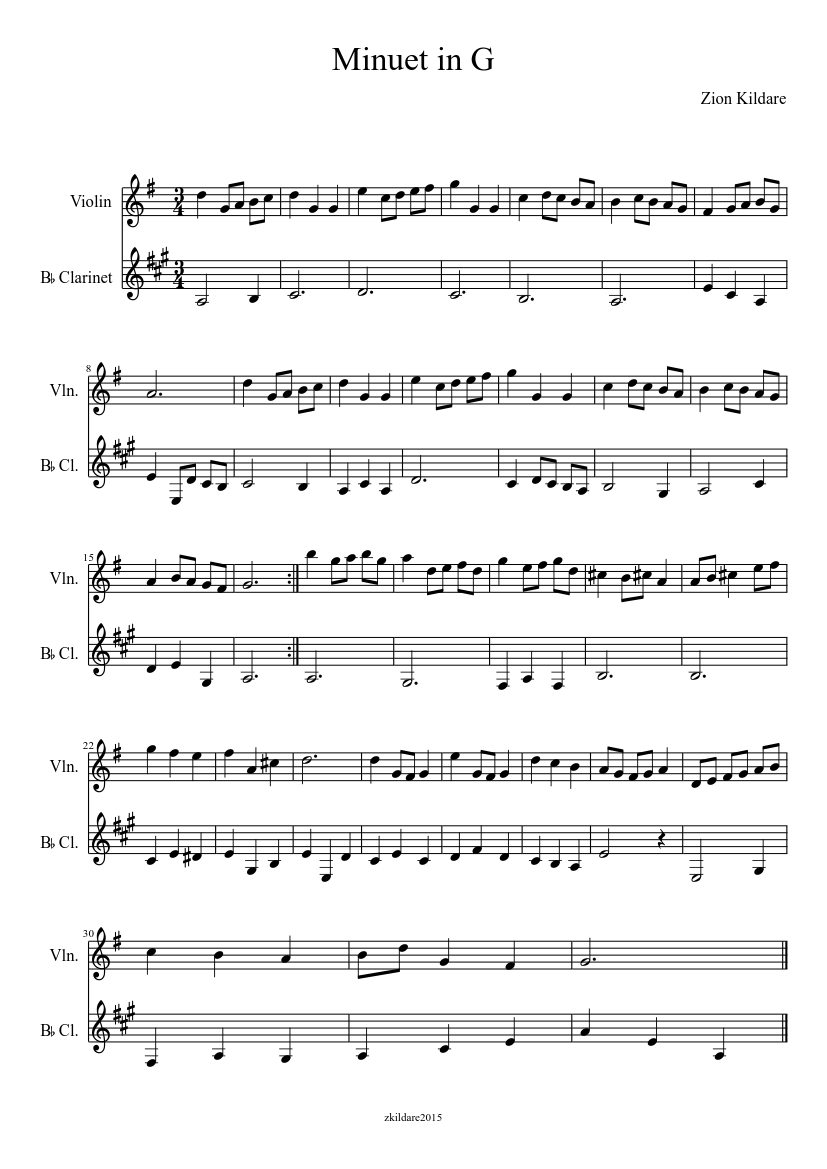Minuet in G Sheet music for Violin, Clarinet other (Mixed Duet ...