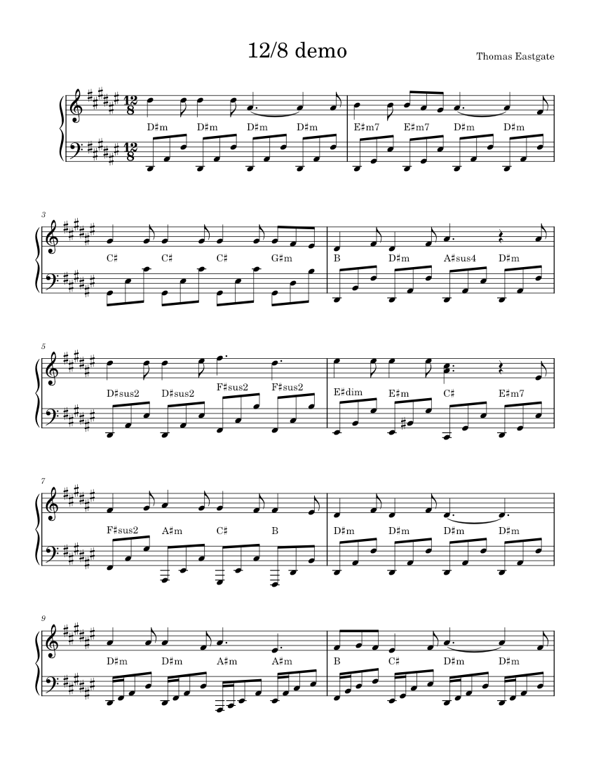 12/8 time signature demo Sheet Music with Chords for Piano (Solo) easy ...