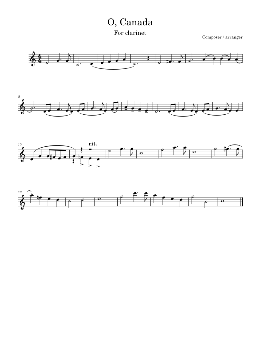 O Canada – Calixa Lavallée O Canada – Sheet music for Clarinet other ...