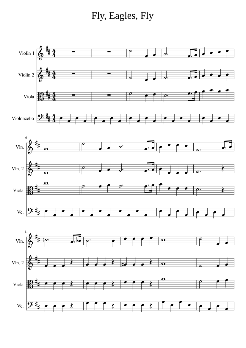 Fly Eagles Fly String Quartet D major Sheet Music for Violin, Viola ...