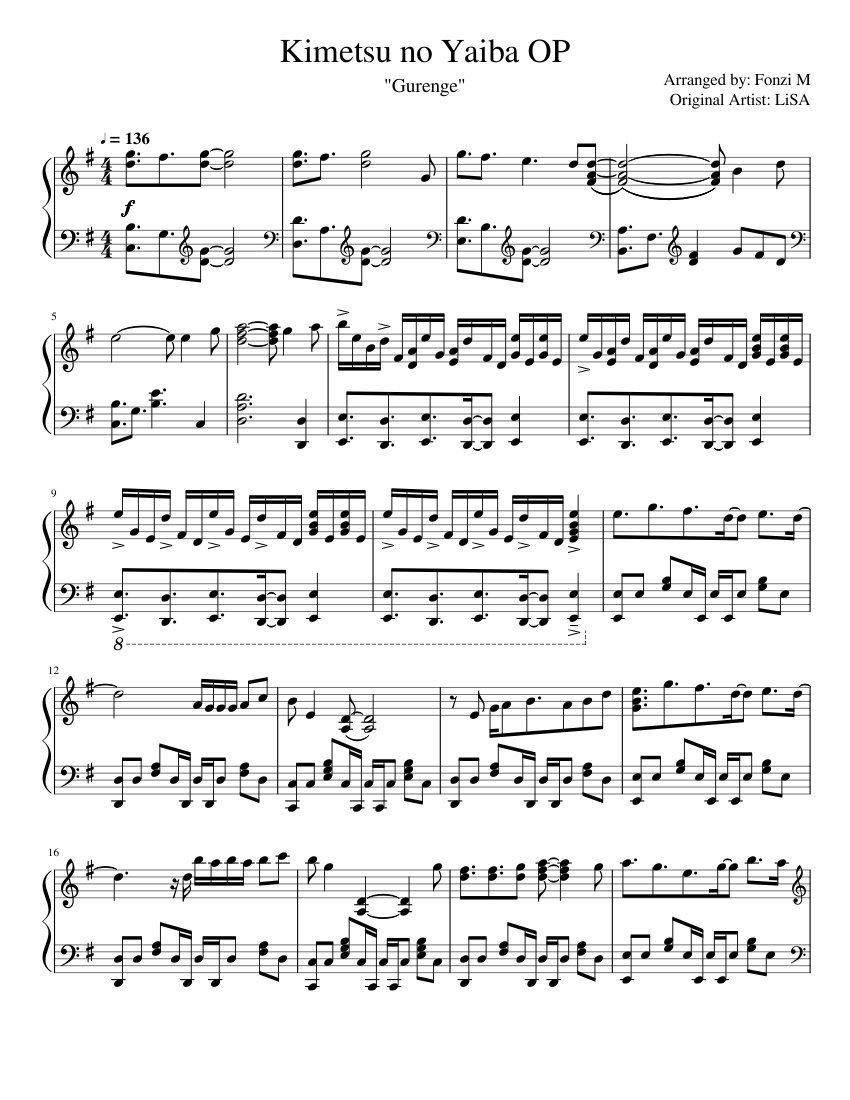 Kimetsu no Yaiba OP: Gurenge Sheet music for Piano (Solo) | Musescore.com