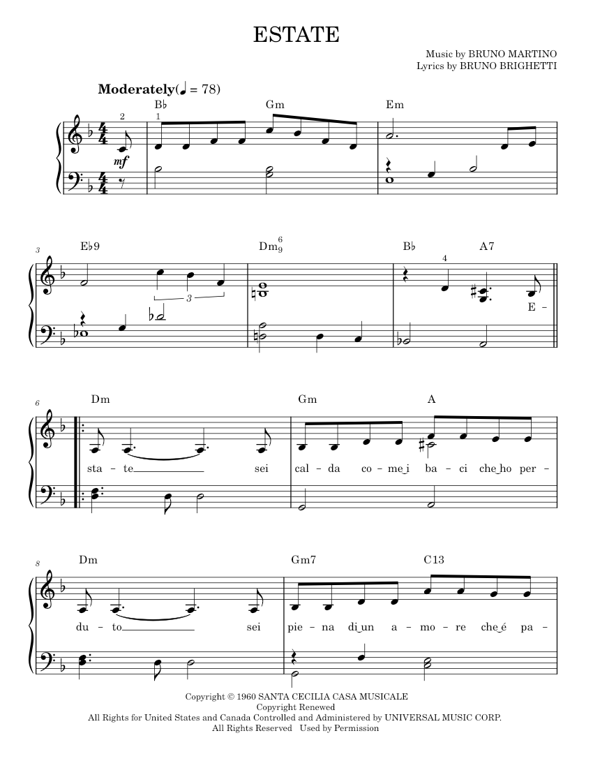 Estate Sheet music for Piano by Bruno Martino, Bruno Brighetti: Music ...