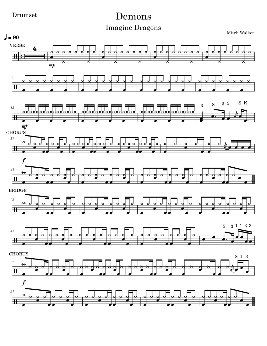 Demons – Imagine Dragons Drum Score Sheet music for Drum group (Solo) | Musescore.com