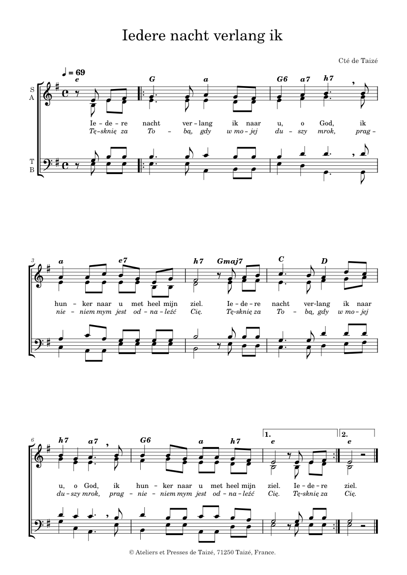 Iedere nacht verlang ik – Taizé Sheet Music for Female, Male (SATB ...