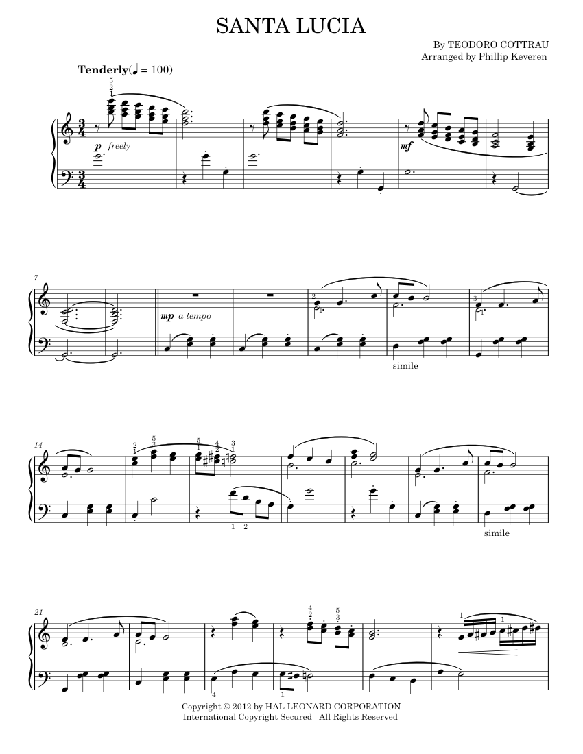 Santa Lucia Sheet music for Piano by Teodoro Cottrau Official ...