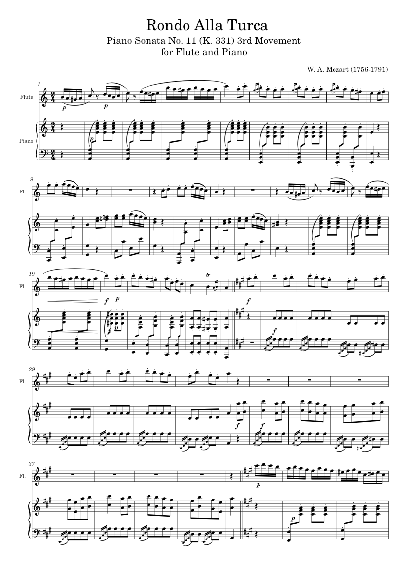 Mozart - Rondo Alla Turca, for Flute and Piano Sheet Music for Piano ...