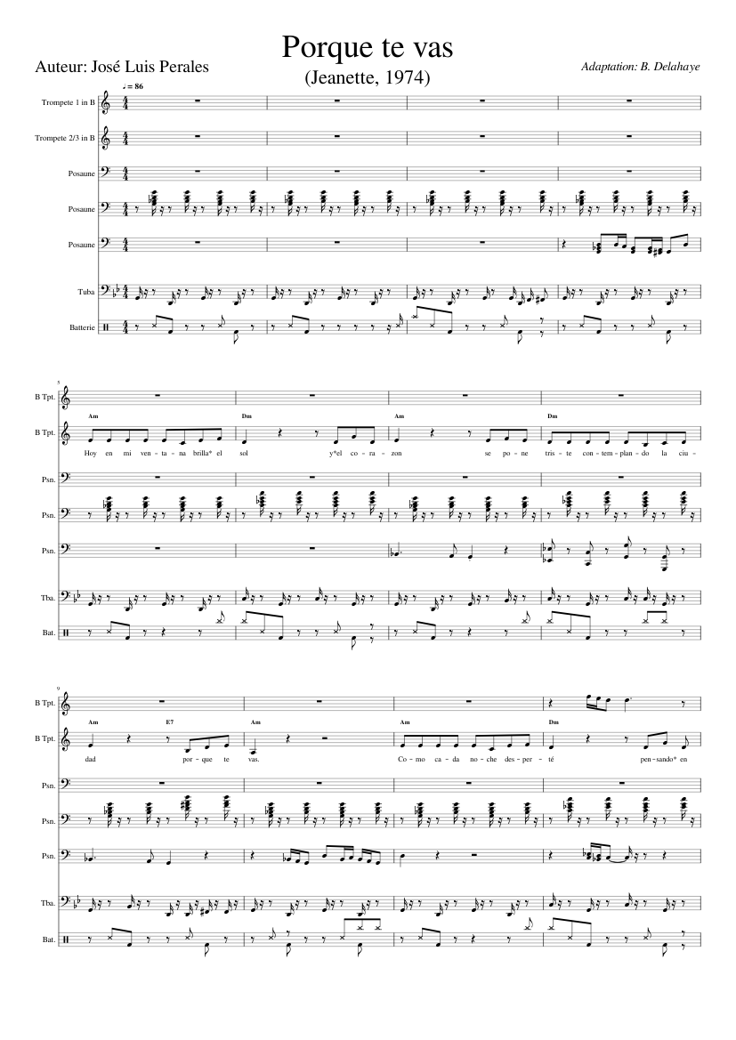 Porque te vas Sheet music for Trombone, Tuba, Trumpet in b-flat, Drum ...