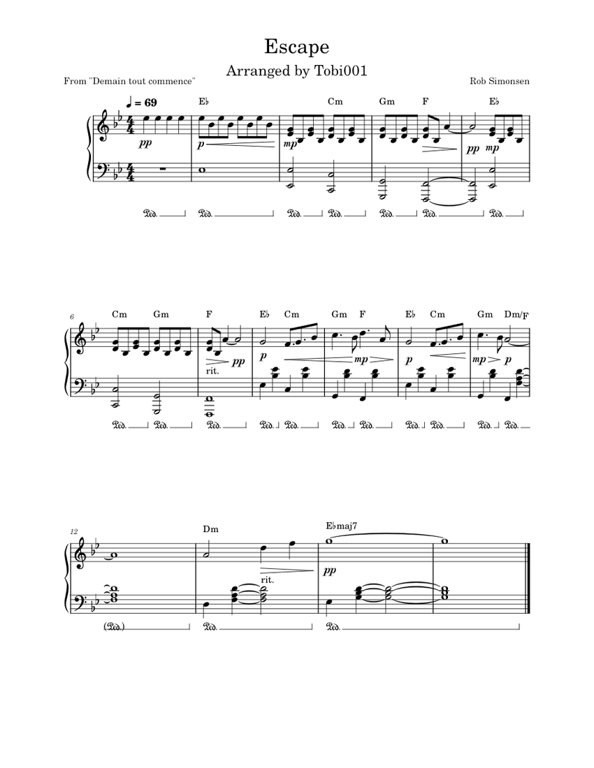 Escape - Demain tout commence – Rob Simonsen Sheet music for Piano ...