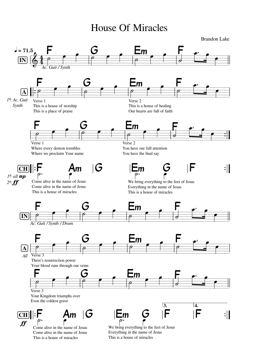 BRANDON LAKE - House Of Miracles.mscx Sheet music for Piano (Solo ...