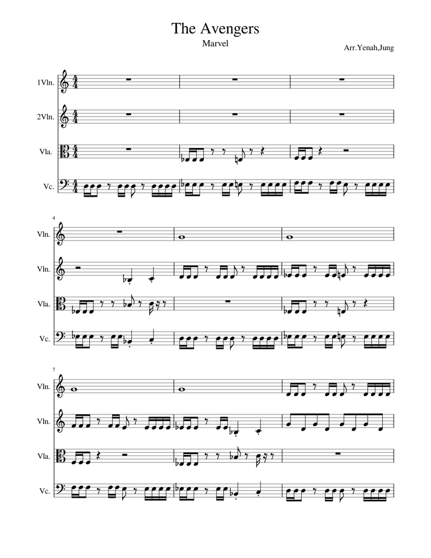 The Avengers 현악 Sheet music for Violin, Viola, Cello (String Quartet ...