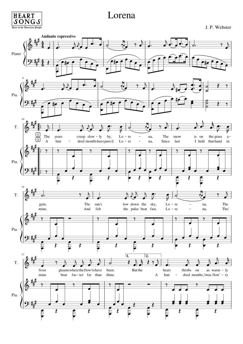 Lorena Sheet Music for Piano, Tenor (Piano-Voice) | MuseScore.com