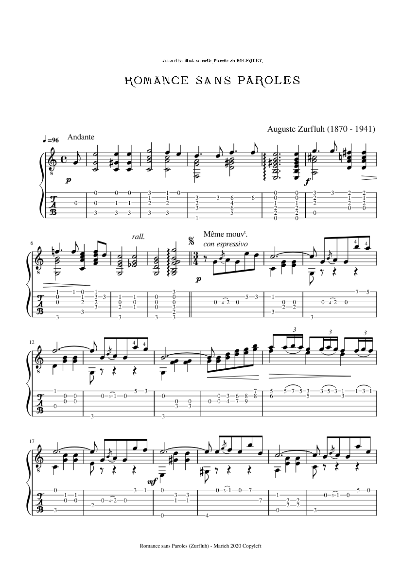 Romances sans Paroles - Zurfluh, Auguste (1870 - 1941) - Tablature ...