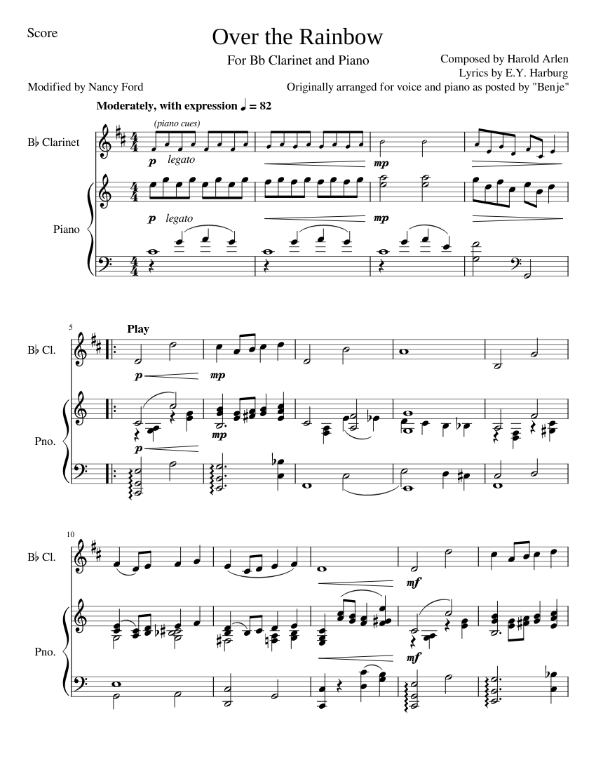 Over the Rainbow - Harold Arlen (Bb Clarinet and Piano) Sheet music for ...