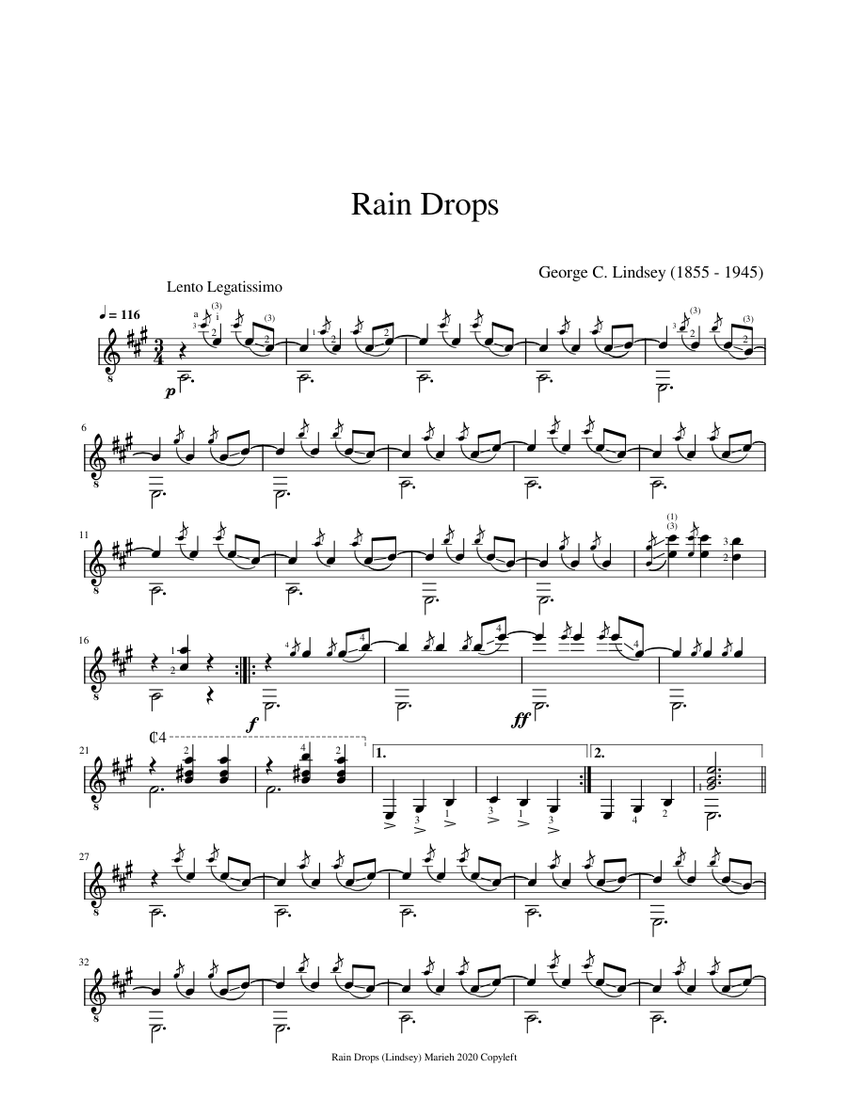Rain Drops - Lindsey, Georges C. (1855 - 1945) Sheet music for Guitar ...