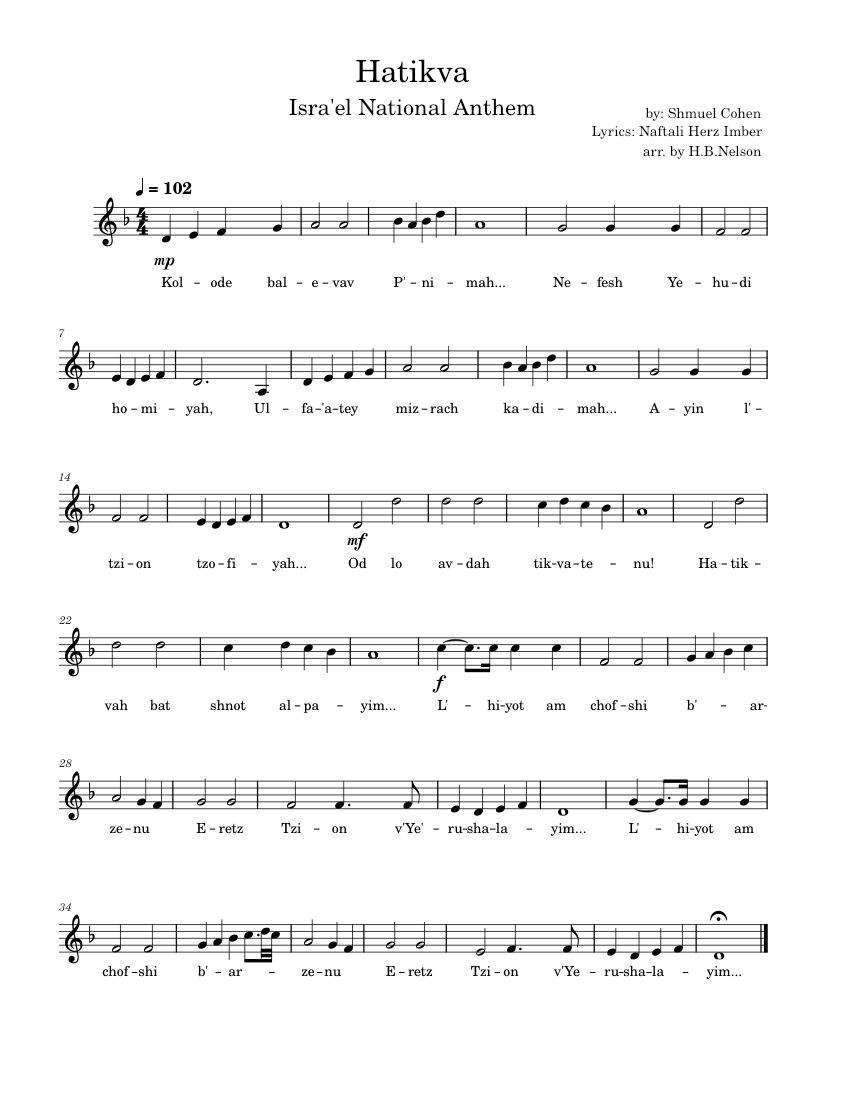Hatikvah – Samuel Cohen (National Anthem of Israel, The Hope) Sheet ...