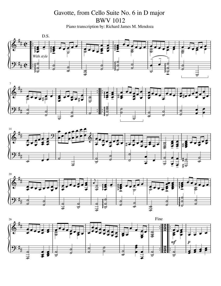 Gavotte, from Cello Suite No. 6 in D major BWV 1012 (Free transcription ...