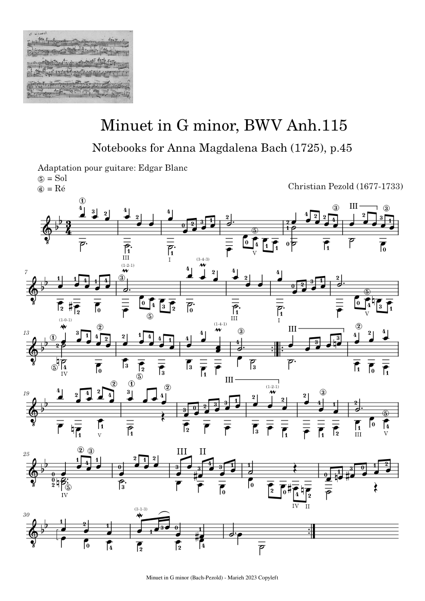 Minuet in G minor, BWV Anh.115 – Johann Sebastian Bach Sheet music for Guitar (Solo) | Musescore.com