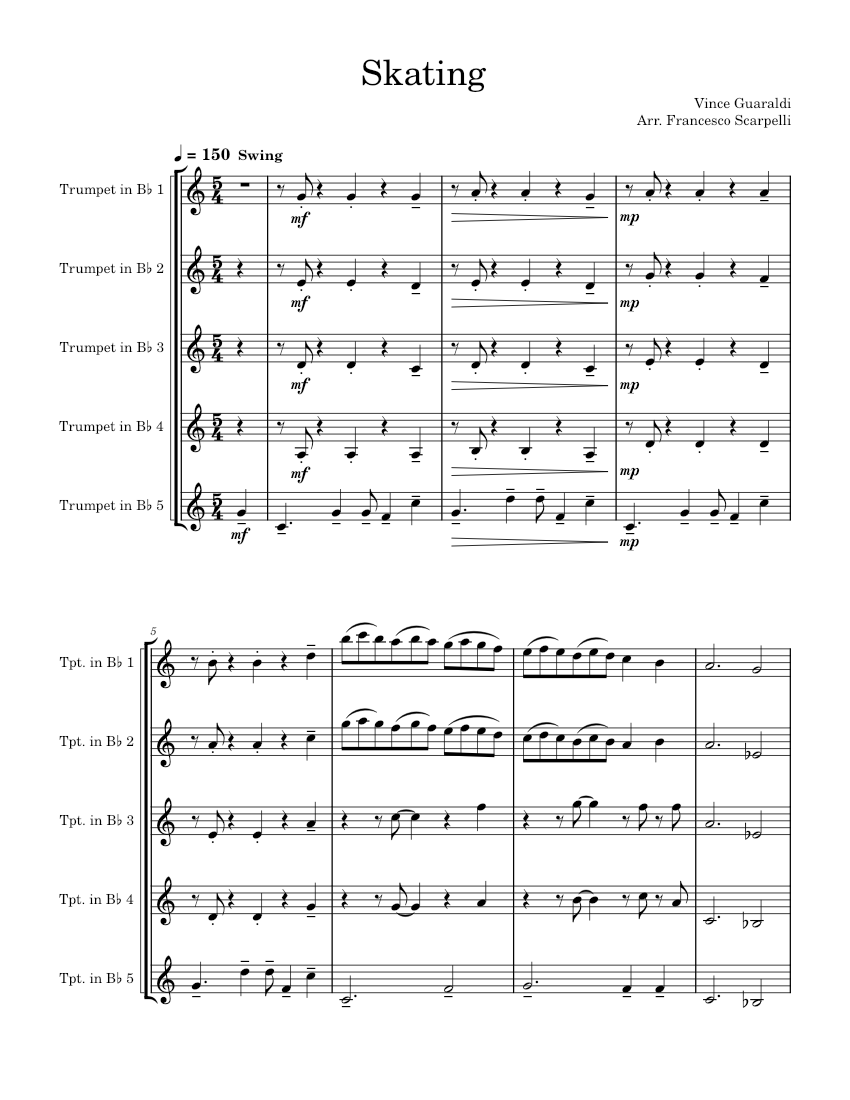 Skating – Vince Guaraldi Sheet Music for Trumpet other (Mixed Quintet ...