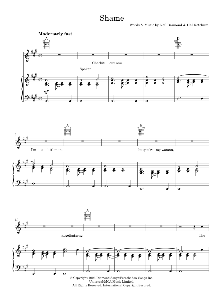 Play Official version of Shame sheet music by Neil Diamond for Piano ...