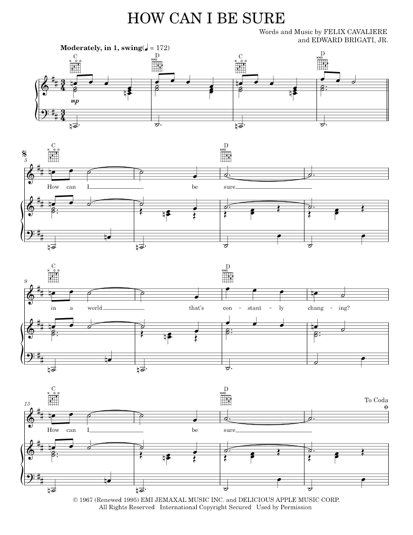 Play Official version of How can i be sure Sheet Music by The Young ...
