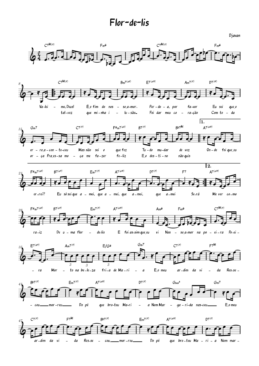 Flor-de-lis – Djavan Sheet Music with Chords for Piano (Solo) easy ...