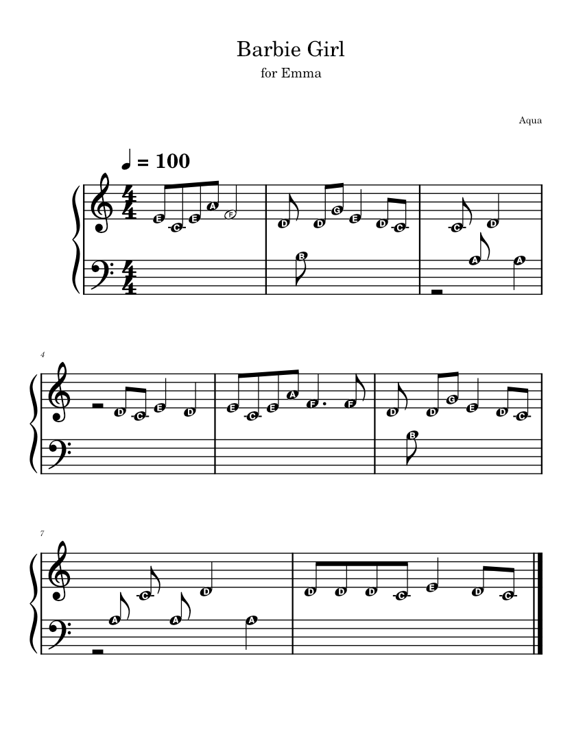 Barbie girl – Aqua Sheet music for Piano (Solo) Easy | Musescore.com