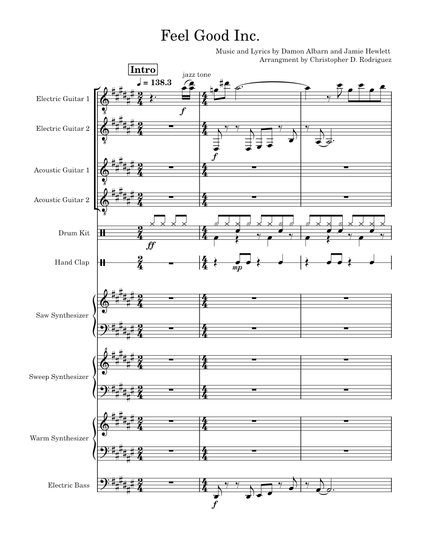 Feel Good Inc. Sheet Music for Guitar, Bass guitar, Drum group ...