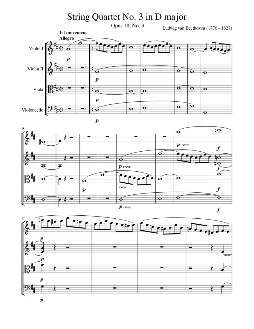 String Quartet No. 3 in D major, Opus 18 No. 3 Sheet music for Violin, Viola, Cello (String ...