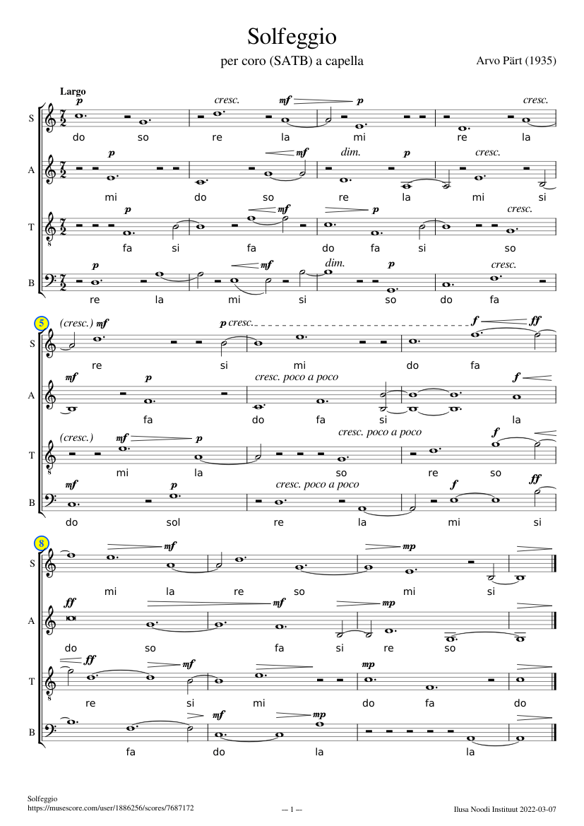 Solfeggio – Arvo Pärt Sheet Music for Soprano, Alto, Tenor, Bass voice ...