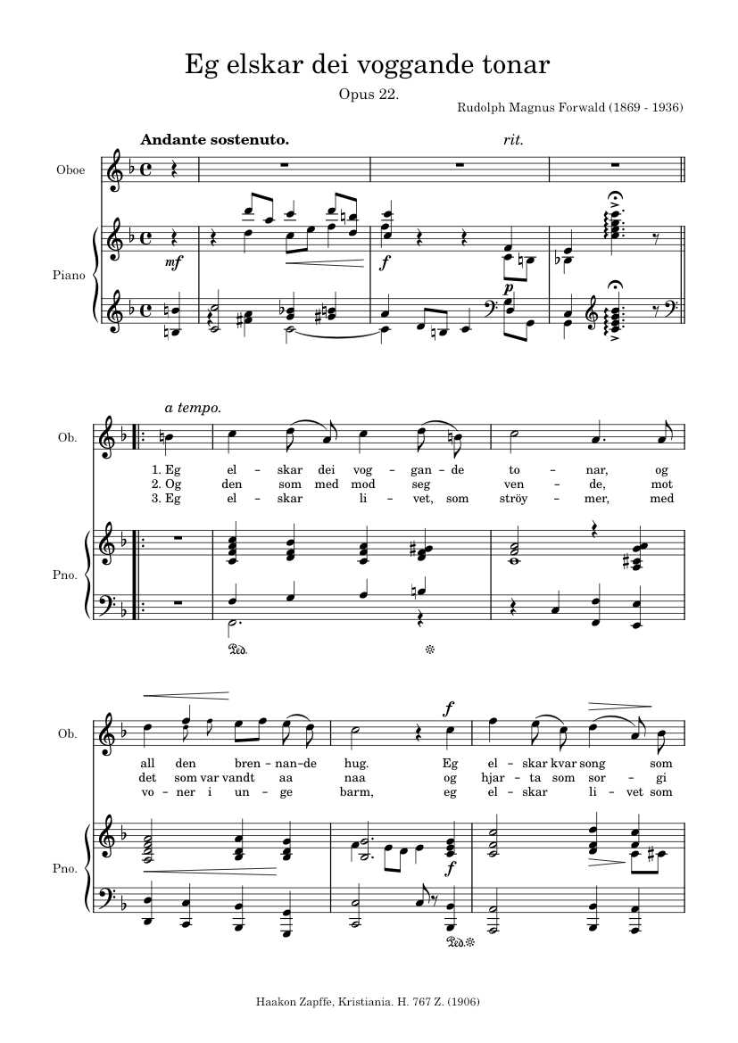 Eg elskar dei voggande tonar Sheet music for Piano, Oboe (Solo ...