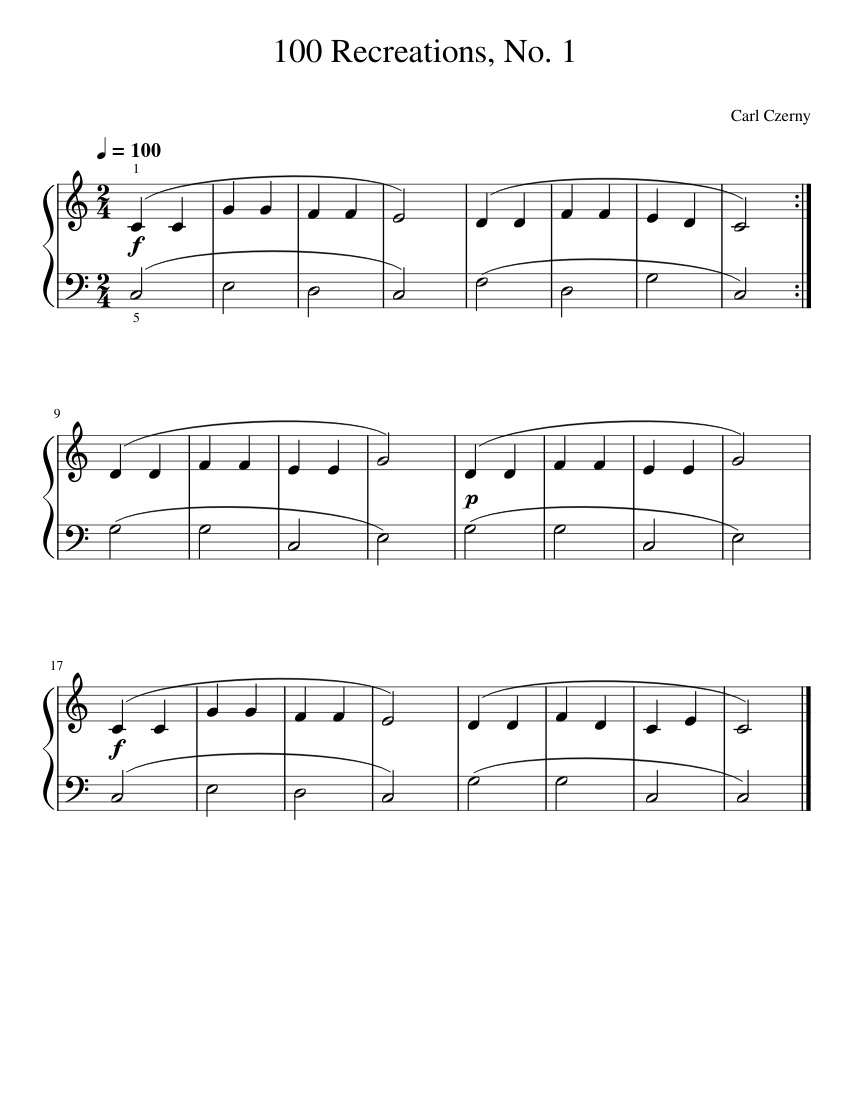 100 Progressive Studies, Op.139 – Carl Czerny 05 100 Recreations, No. 1 Sheet music for Piano ...