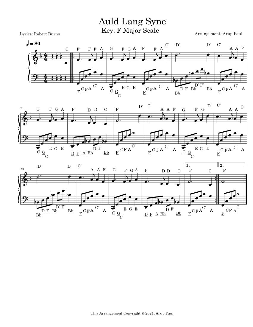 Auld Lang Syne Piano Solo Version Staff Notation By Arup Paul Sheet music for Piano (Solo ...