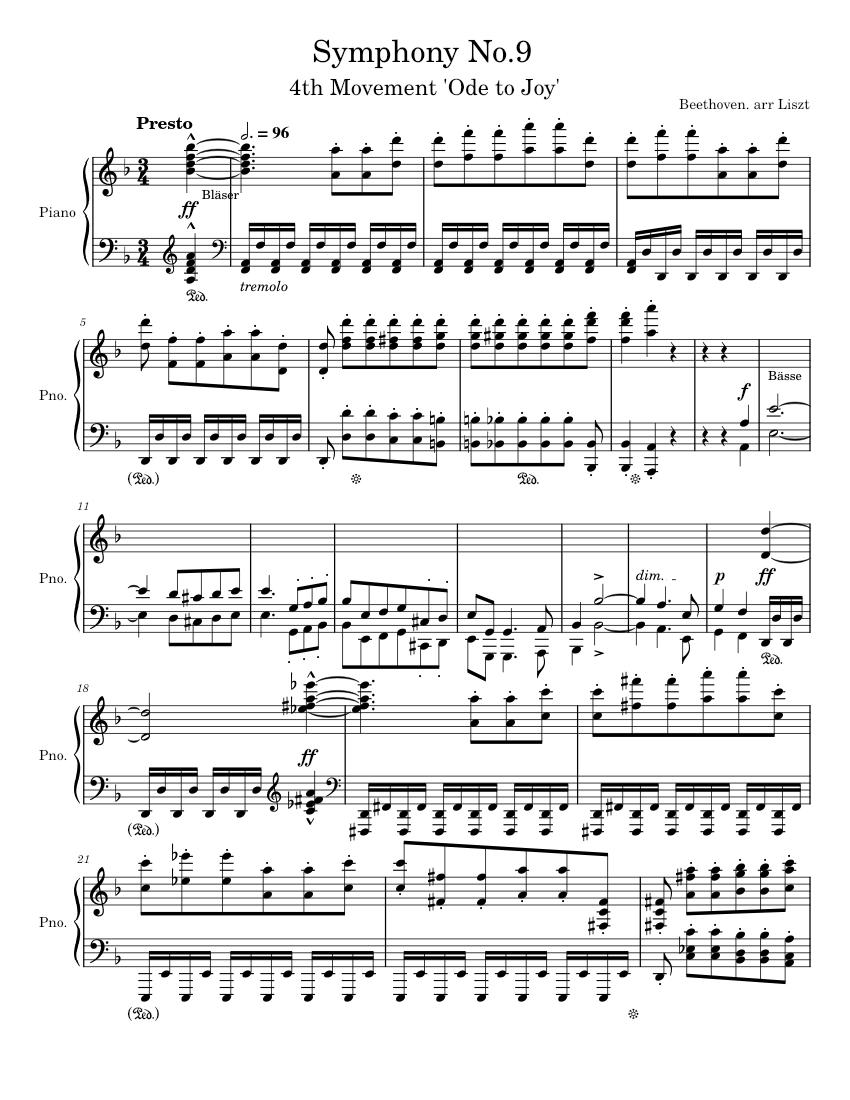 Beethoven/Liszt - Symphony no.9, 4th Movement - 'Ode to Joy' Sheet Music for Piano, Bass voice ...