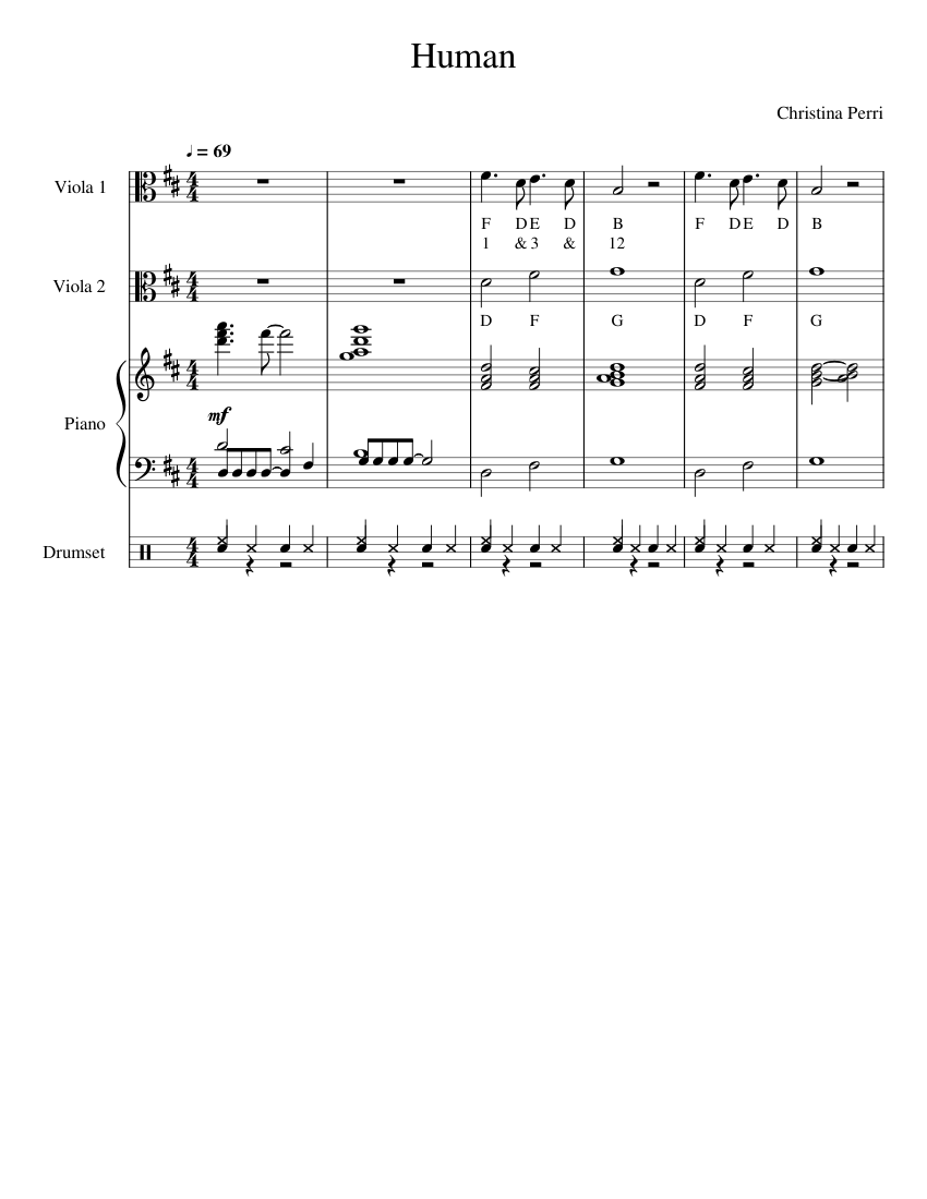 Human Adapted Viola Sheet music for Piano, Viola, Drum group (Mixed ...