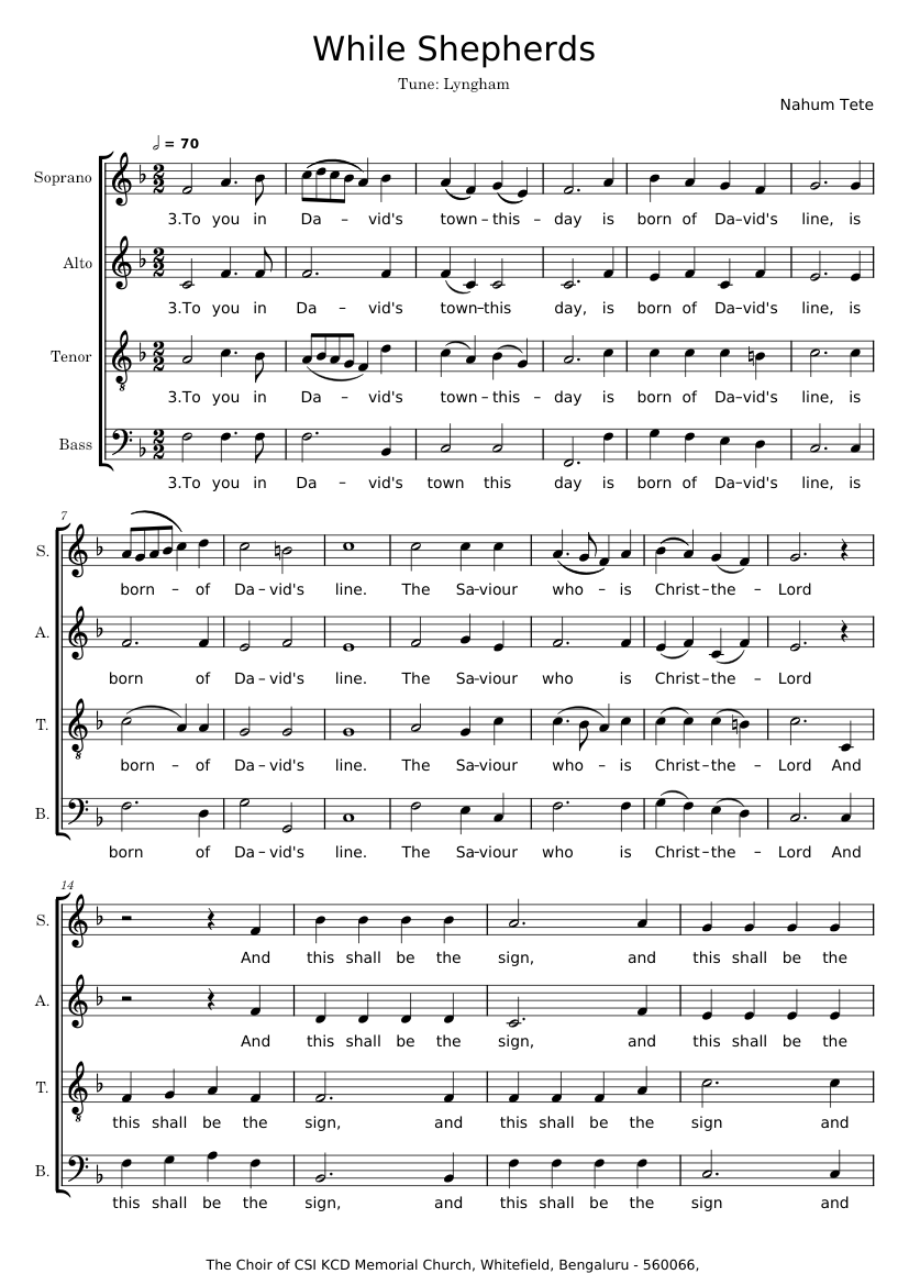 While Shepherds - Tenor (Tune: Lyngham) Sheet Music for Soprano, Alto ...