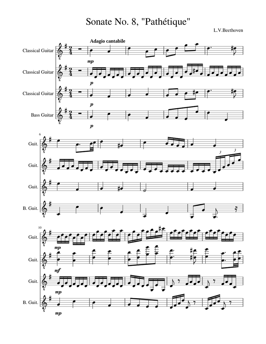 Sonate No. 8 “Pathétique”, 2nd Movement - Op. 13 – Ludwig van Beethoven Sheet music for Guitar ...
