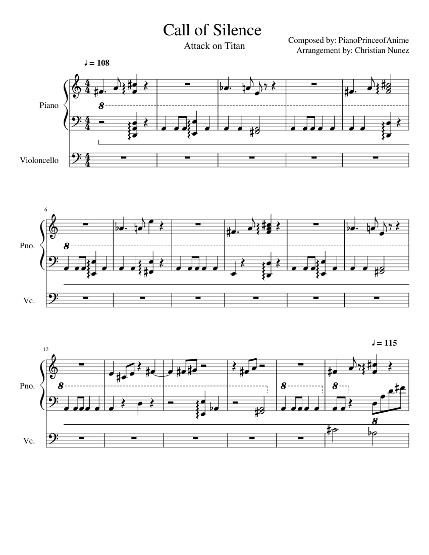 Call of Silence - Attack on Titan Sheet music for Piano, Vocals, Cello (Mixed Trio) | Musescore.com