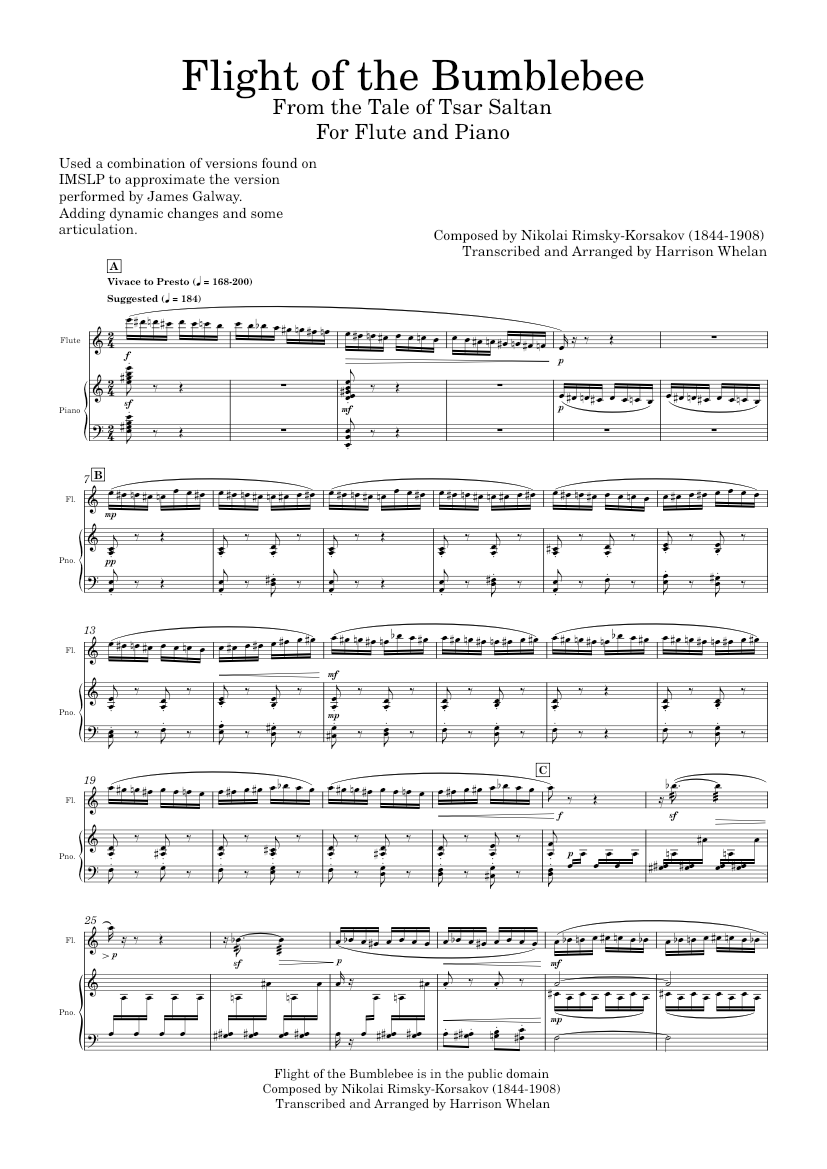 Flight of the Bumblebee for Flute and Piano Sheet Music for Piano ...