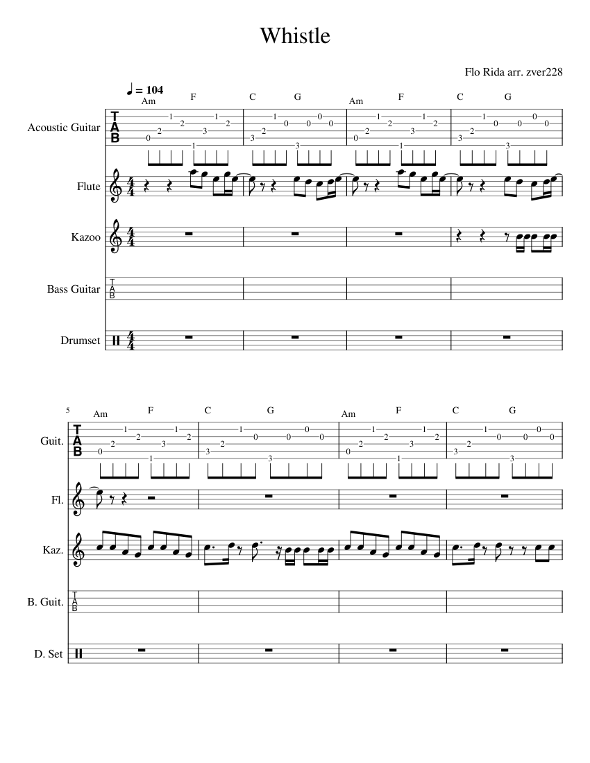 Whistle – Flo Rida Sheet music for Kazoo, Flute, Guitar, Bass guitar ...