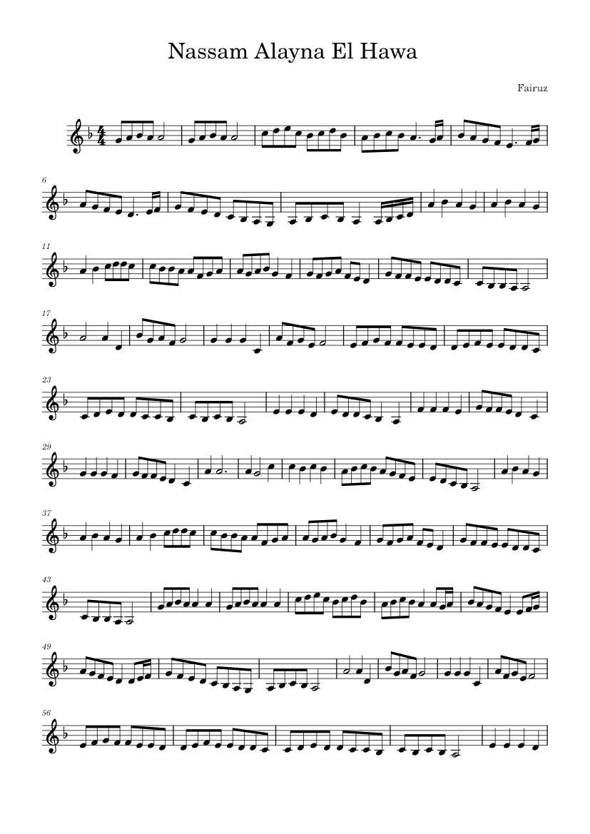 Nassam Alayna El Hawa - Fairuz Sheet Music for Piano (Solo) Easy ...