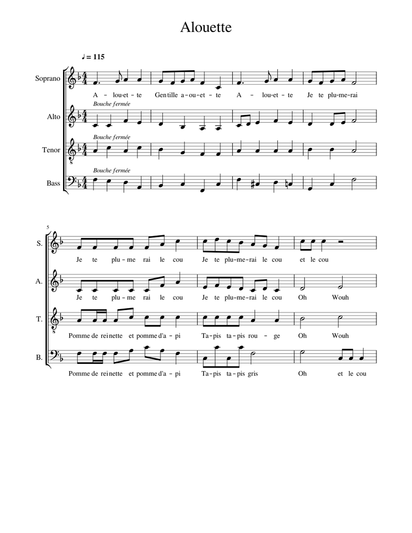 Alouette Sheet music for Soprano, Alto, Tenor, Bass voice (Choral ...
