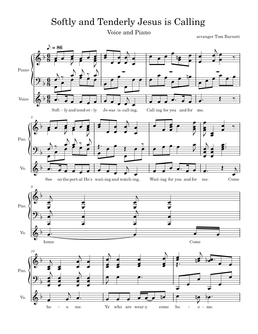Softly and Tenderly Jesus is Calling voice and piano Sheet Music for ...