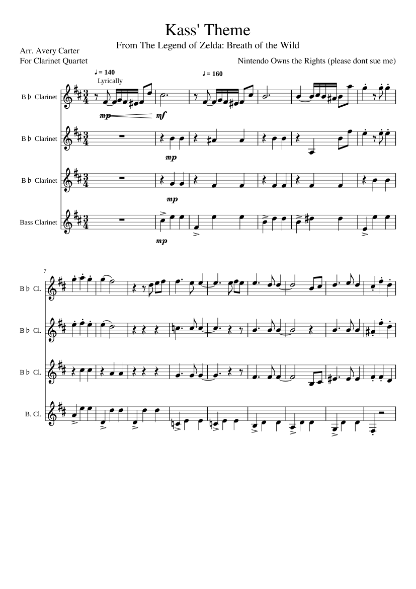Kass' Theme For Clarinet Quartet Sheet music for Clarinet in b-flat ...