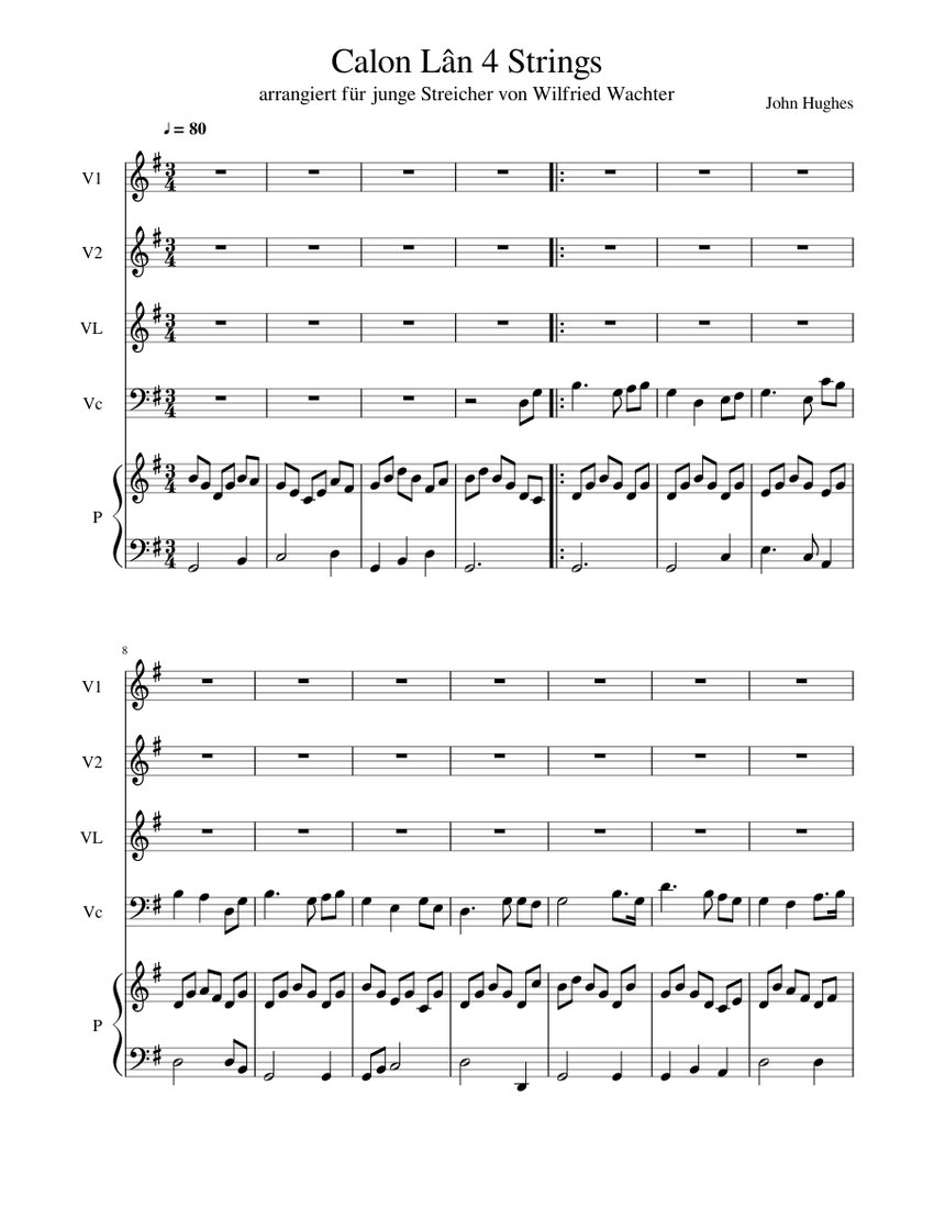 Calon Lân 4 Strings Sheet music for Piano, Violin, Cello (Mixed Quintet ...